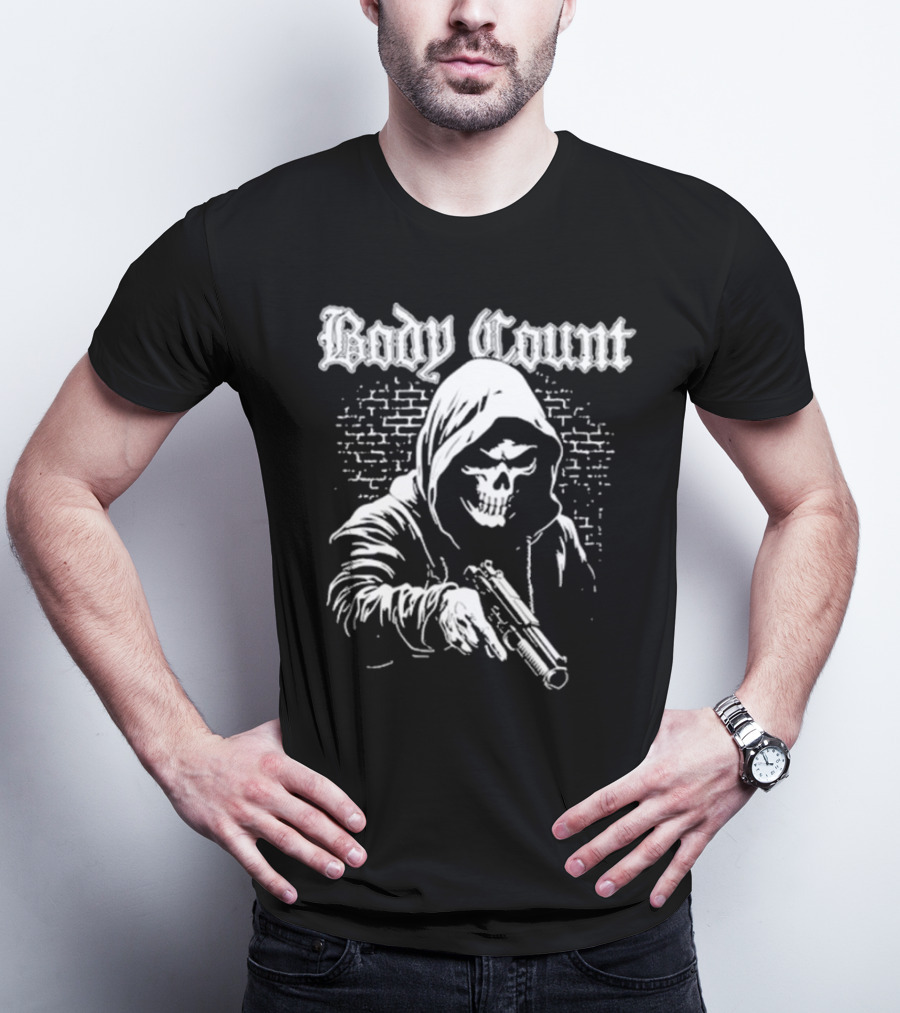 Body Count Hooded Skull With Gun Brick Wall Background T-Shirt