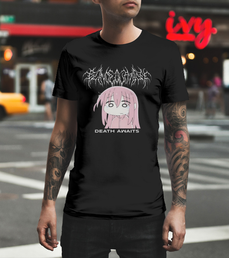 Bejalvin Death Awaits Pink Anime Character With Metal Band Style Lettering T-Shirt