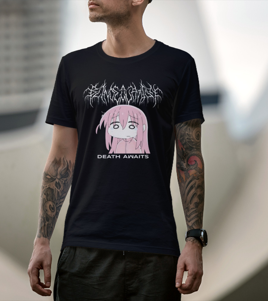 Bejalvin Death Awaits Pink Anime Character With Metal Band Style Lettering T-Shirt