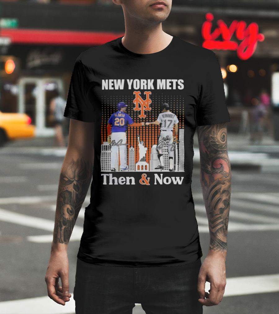 New York Mets Then And Now Pete Alonso Keith Hernandez Signatures T-Shirt