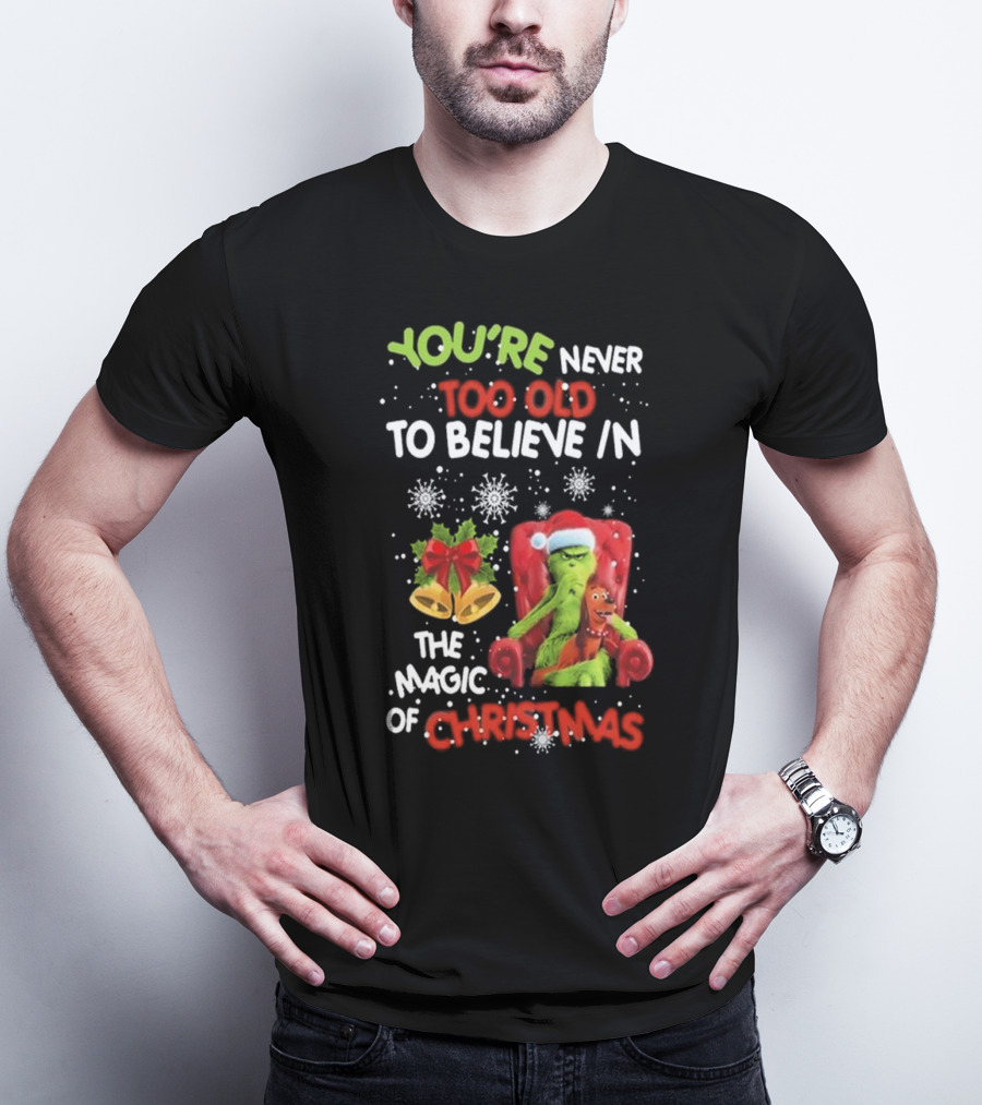 YOU'RE NEVER TOO OLD TO BELIEVE IN THE MAGIC OF CHRISTMAS GRINCH WITH MAX SITTING IN CHAIR SNOWFLAKES HOLIDAY BELLS AND BOW T-Shirt