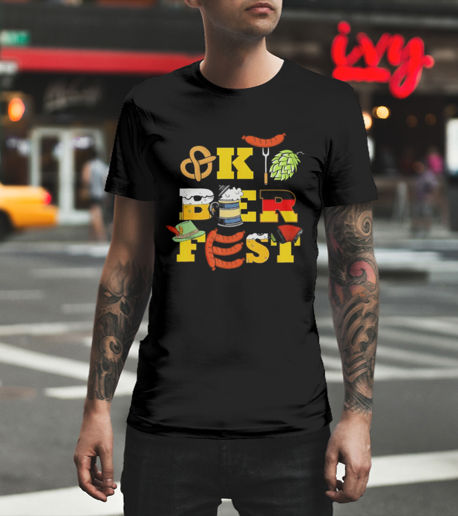 Oktoberfest Germany Beer Pretzel Sausage Hat Lederhosen BBQ T-Shirt