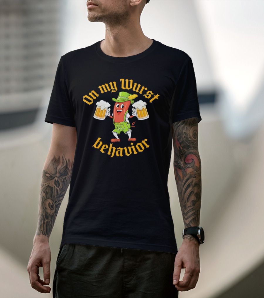 On My Wurst Behavior Oktoberfest Sausage Lederhosen Beer Mugs T-Shirt