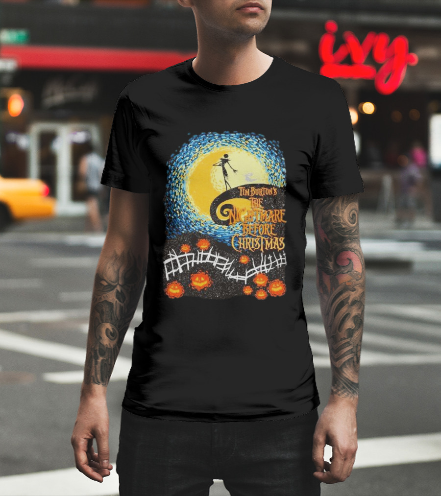 Tim Burton's The Nightmare Before Christmas Starry Night Vintage Pumpkin Fence T-Shirt