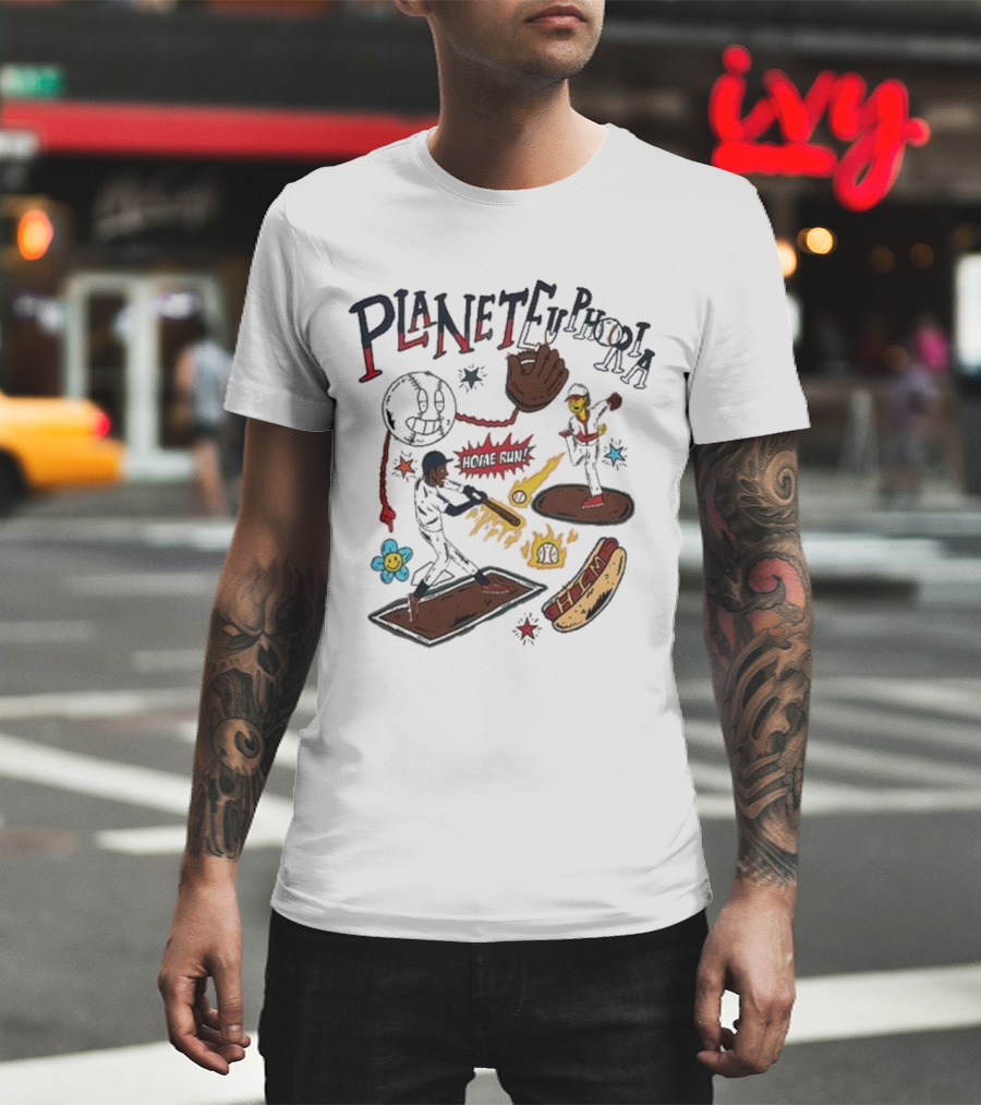 Planet Euphoria Baseball Home Run Hot Dog Illustration With Players And Glove T-Shirt
