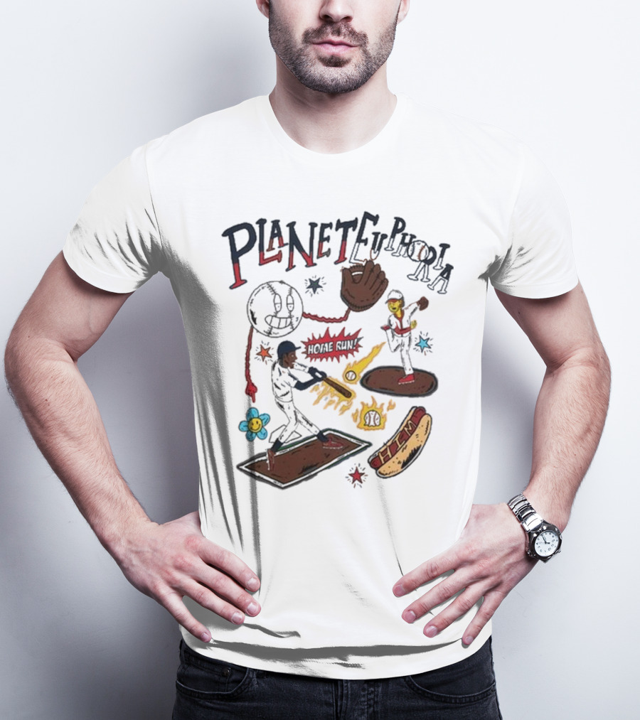 Planet Euphoria Baseball Home Run Hot Dog Illustration With Players And Glove T-Shirt