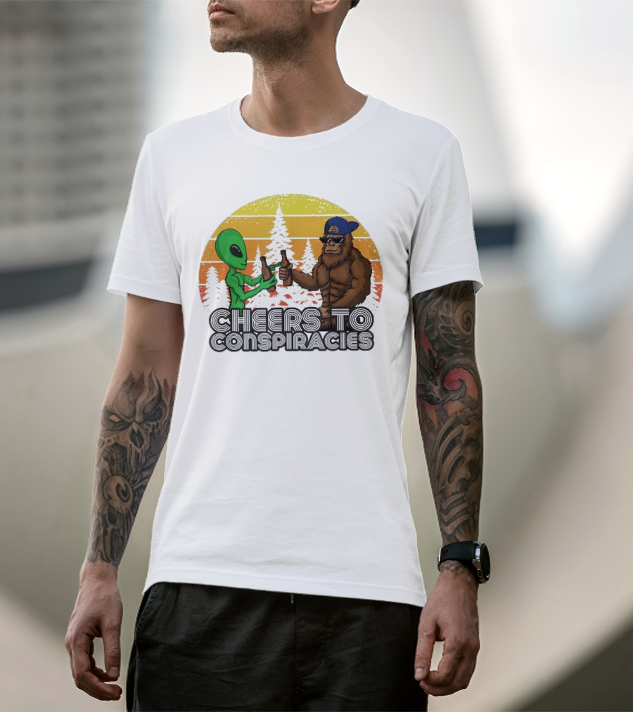 Alien And Bigfoot Cheers To Conspiracies In Retro Sunset Forest T-Shirt