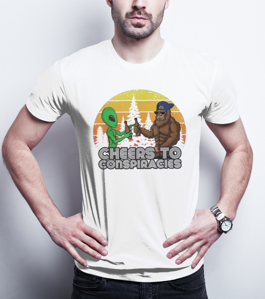 Alien And Bigfoot Cheers To Conspiracies In Retro Sunset Forest T-Shirt