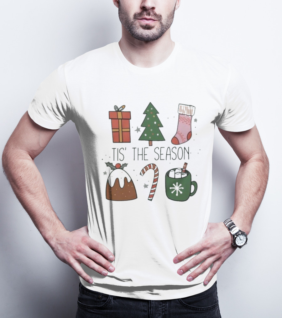 'Tis The Season Christmas Tree Stocking Gift Candy Cane Hot Chocolate T-Shirt