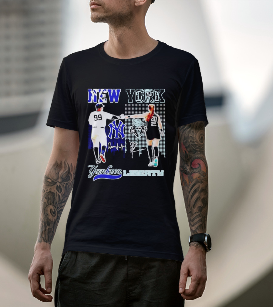 New York Yankees Yankees Aaron Judge Liberty Sabrina Ionescu Signatures Skyline T-Shirt
