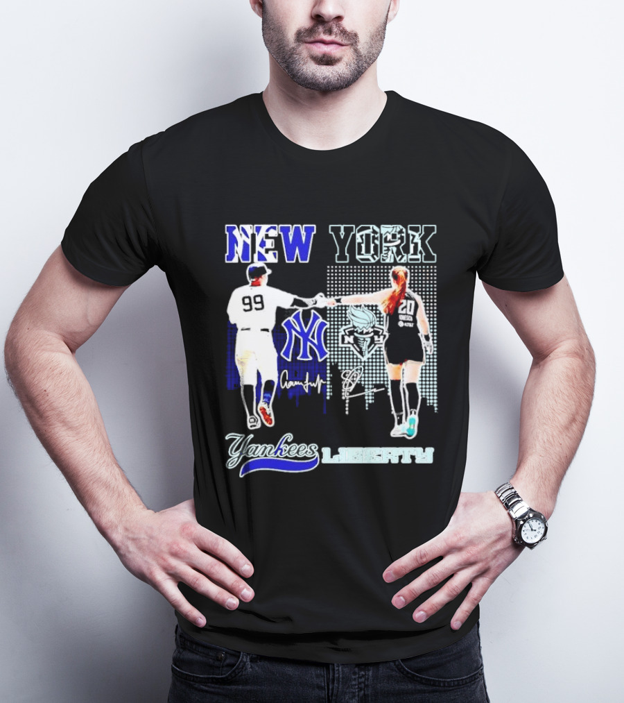 New York Yankees Yankees Aaron Judge Liberty Sabrina Ionescu Signatures Skyline T-Shirt
