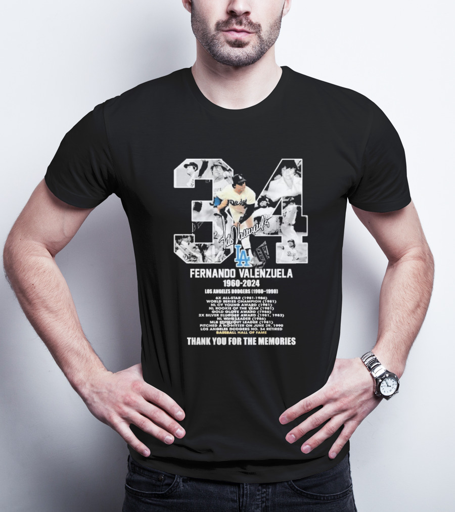 Fernando Valenzuela Los Angeles Dodgers 1980-1991 Baseball Hall Of Fame Thank You For The Memories 34 Signature T-Shirt