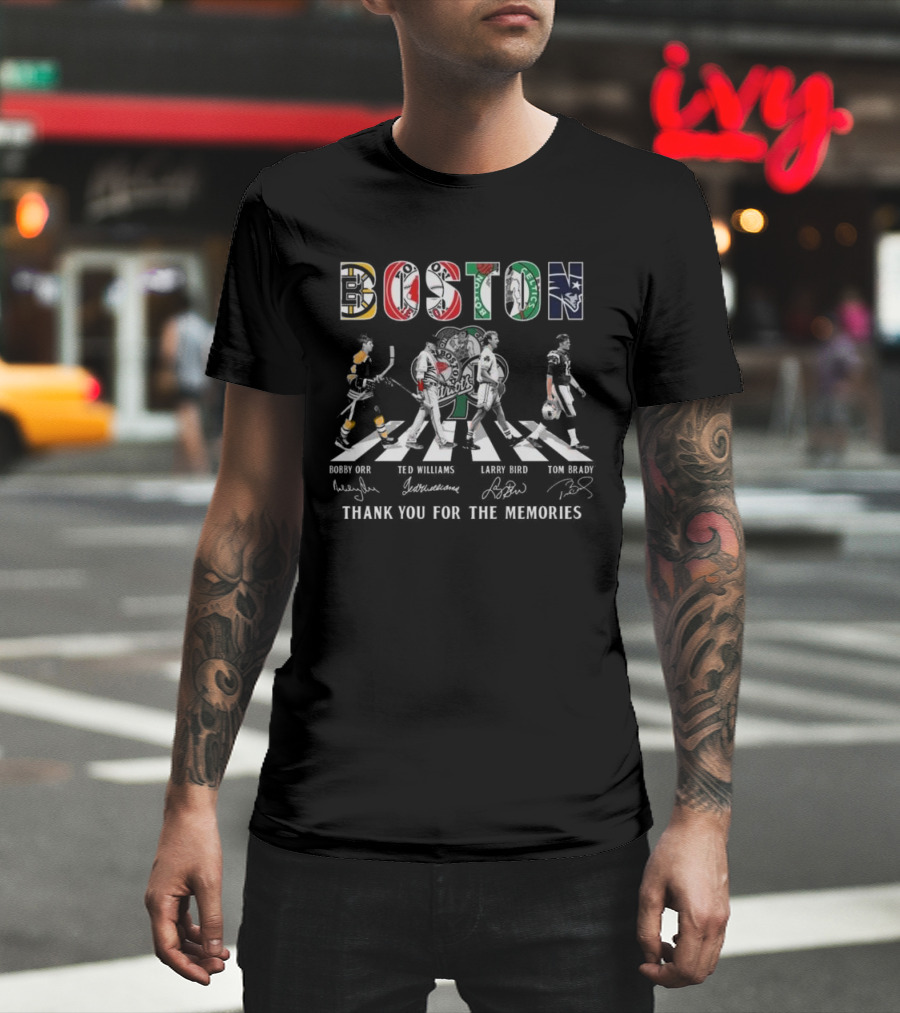 Boston Bruins Red Sox Celtics Patriots Bobby Orr Ted Williams Larry Bird Tom Brady Thank You For The Memories T-Shirt
