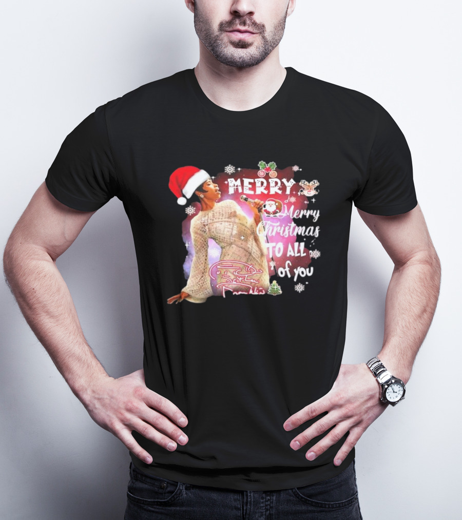 Aretha Franklin Merry Christmas To All Of You Santa Hat Snowflakes T-Shirt