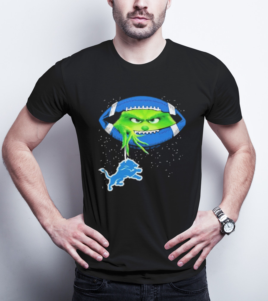 Grinch Holding Detroit Lions Logo Inside Football Christmas T-Shirt
