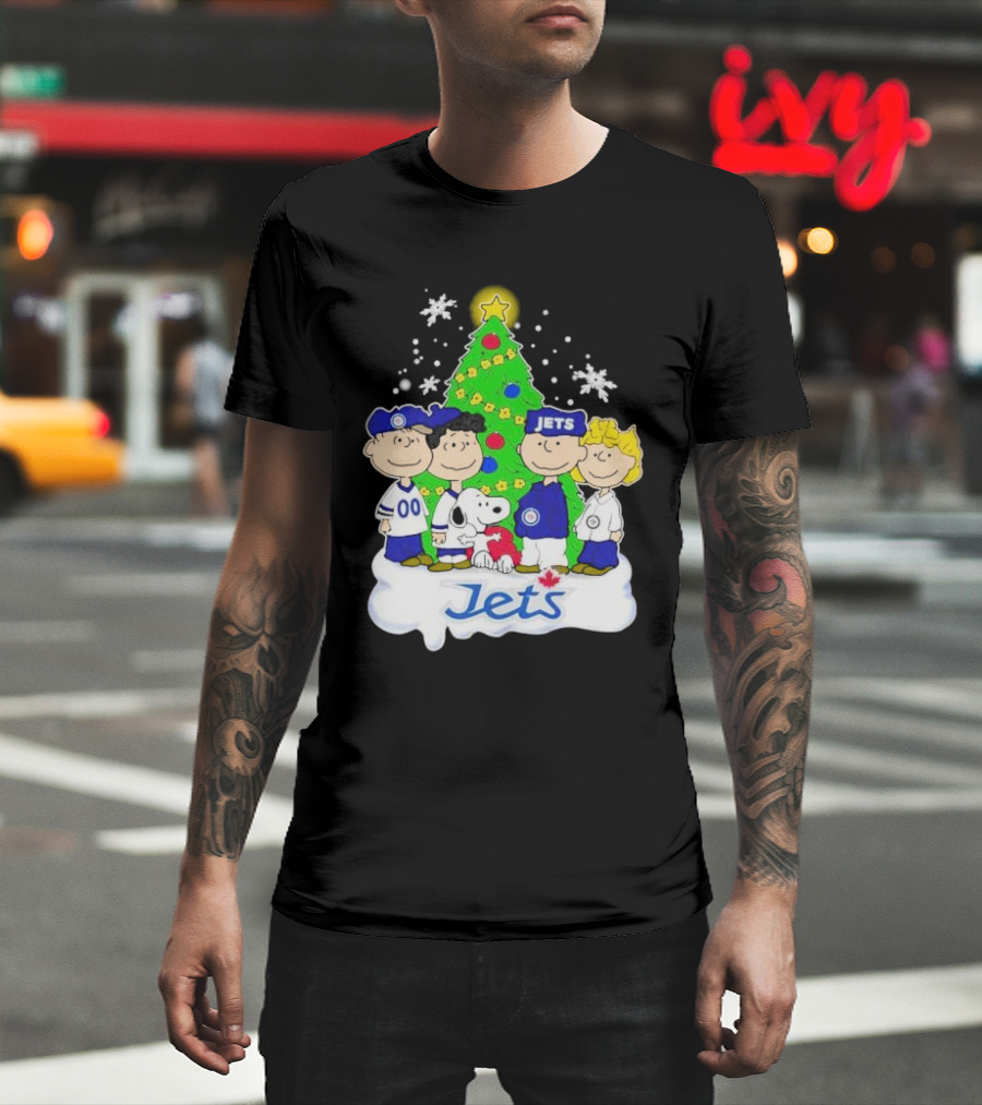 Winnipeg Jets Peanuts Characters Christmas Tree Snoopy Snowflakes T-Shirt