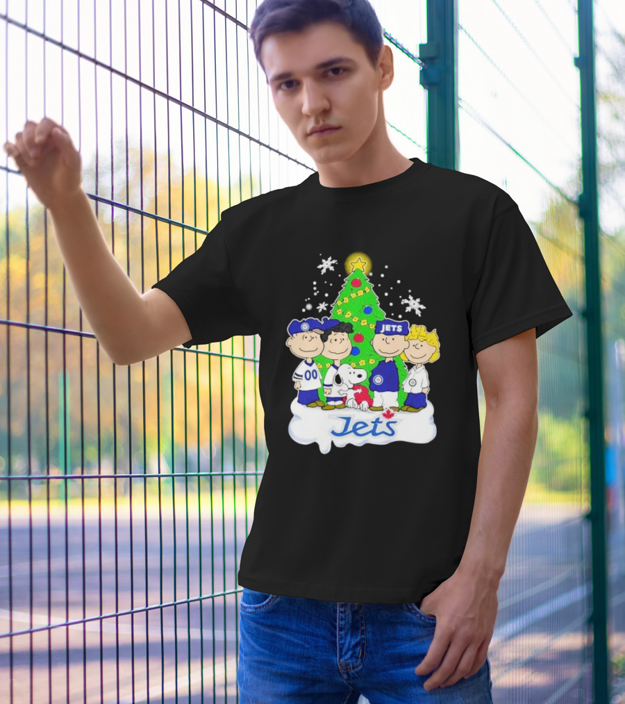 Winnipeg Jets Peanuts Characters Christmas Tree Snoopy Snowflakes T-Shirt