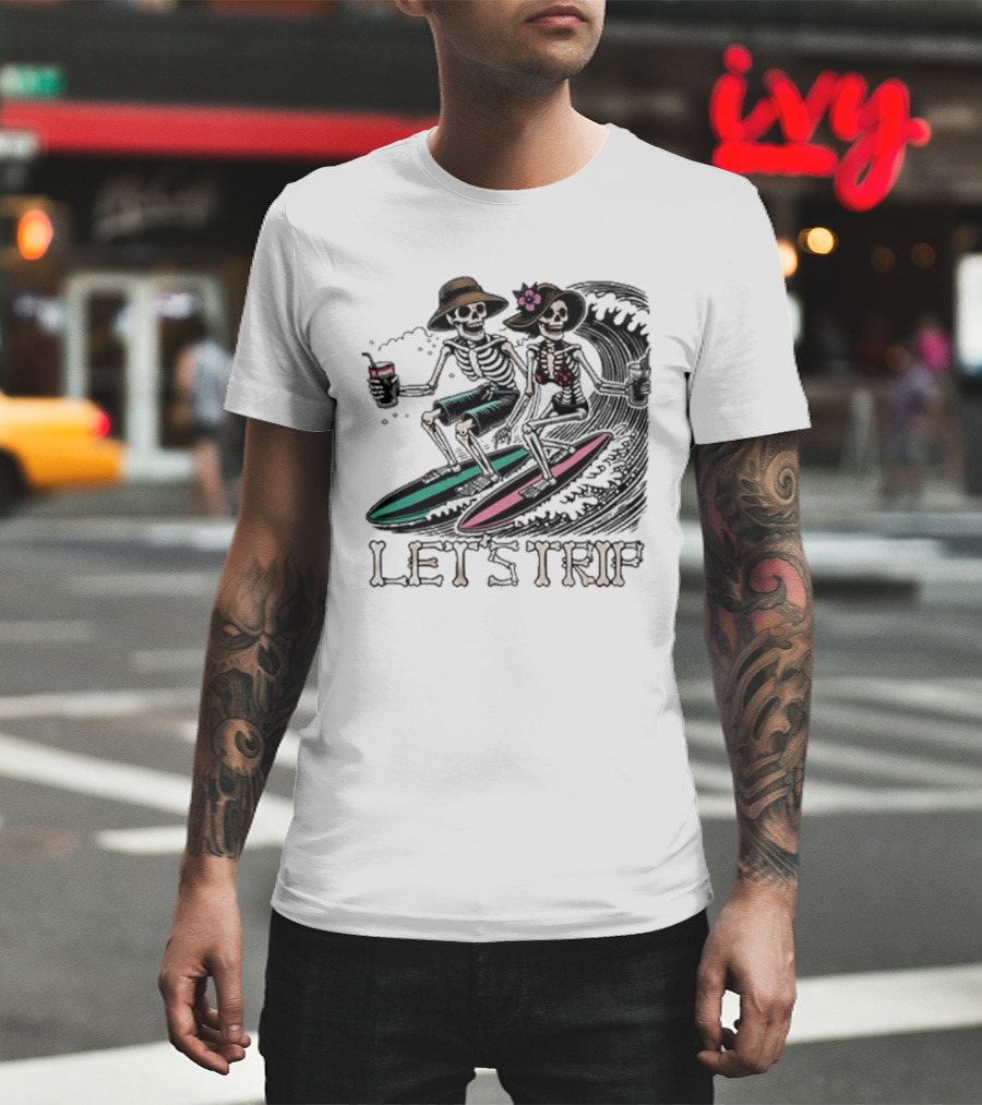 Let’s Trip Skeleton Surf Beach Vibes Retro Skeletons Surfing Waves T-Shirt