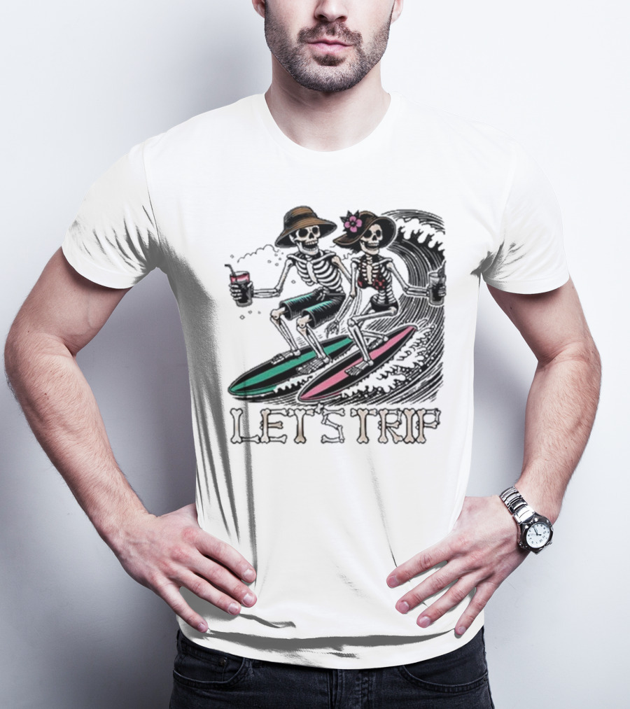 Let’s Trip Skeleton Surf Beach Vibes Retro Skeletons Surfing Waves T-Shirt