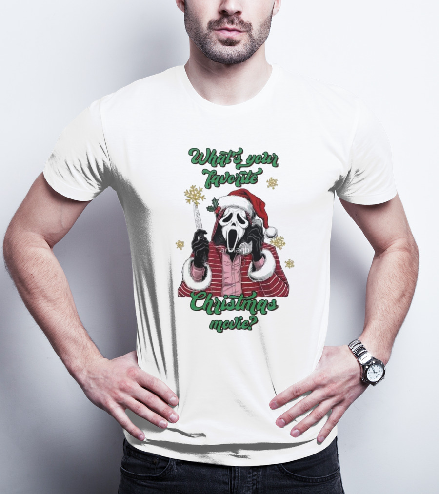 What’s Your Favorite Christmas Movie Santa Skeleton Ghost Face Costume T-Shirt