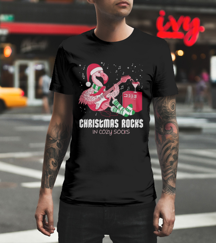 Christmas Rocks In Cozy Socks Flamingo Festive Vibes T-Shirt