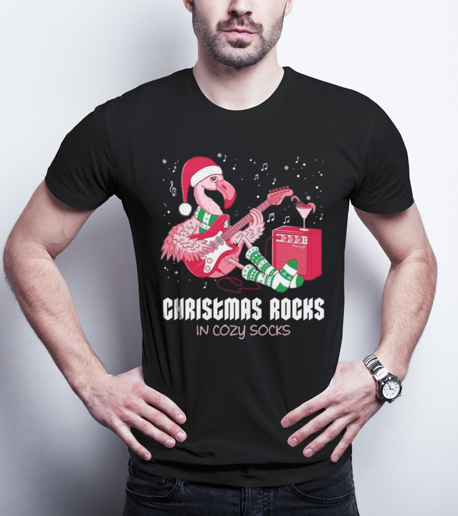Christmas Rocks In Cozy Socks Flamingo Festive Vibes T-Shirt