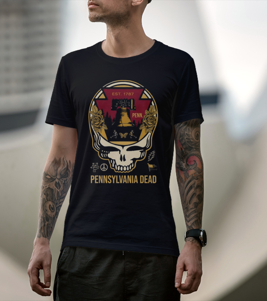 Pennsylvania Dead Est. 1787 Penn Skull With Liberty Bell And Roses T-Shirt