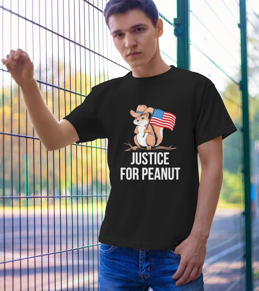 Justice For Peanut Squirrel Holding US Flag In Cowboy Hat T-Shirt