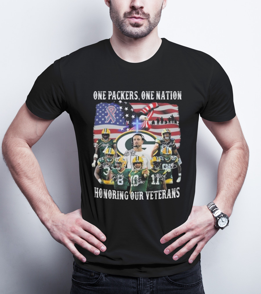 One Packers One Nation Honoring Our Veterans Green Bay Packers Flag Signatures T-Shirt