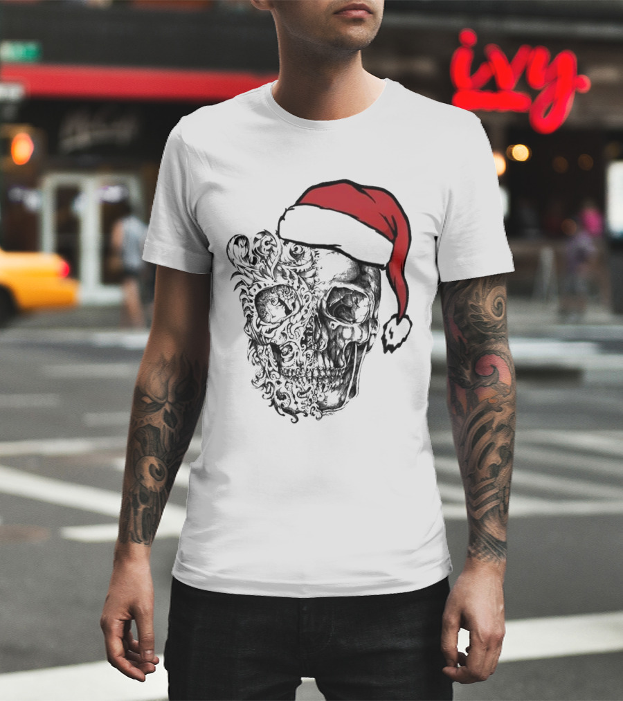 Deck The Halls With Skulls And Bodies Santa Hat Christmas Skull T-Shirt
