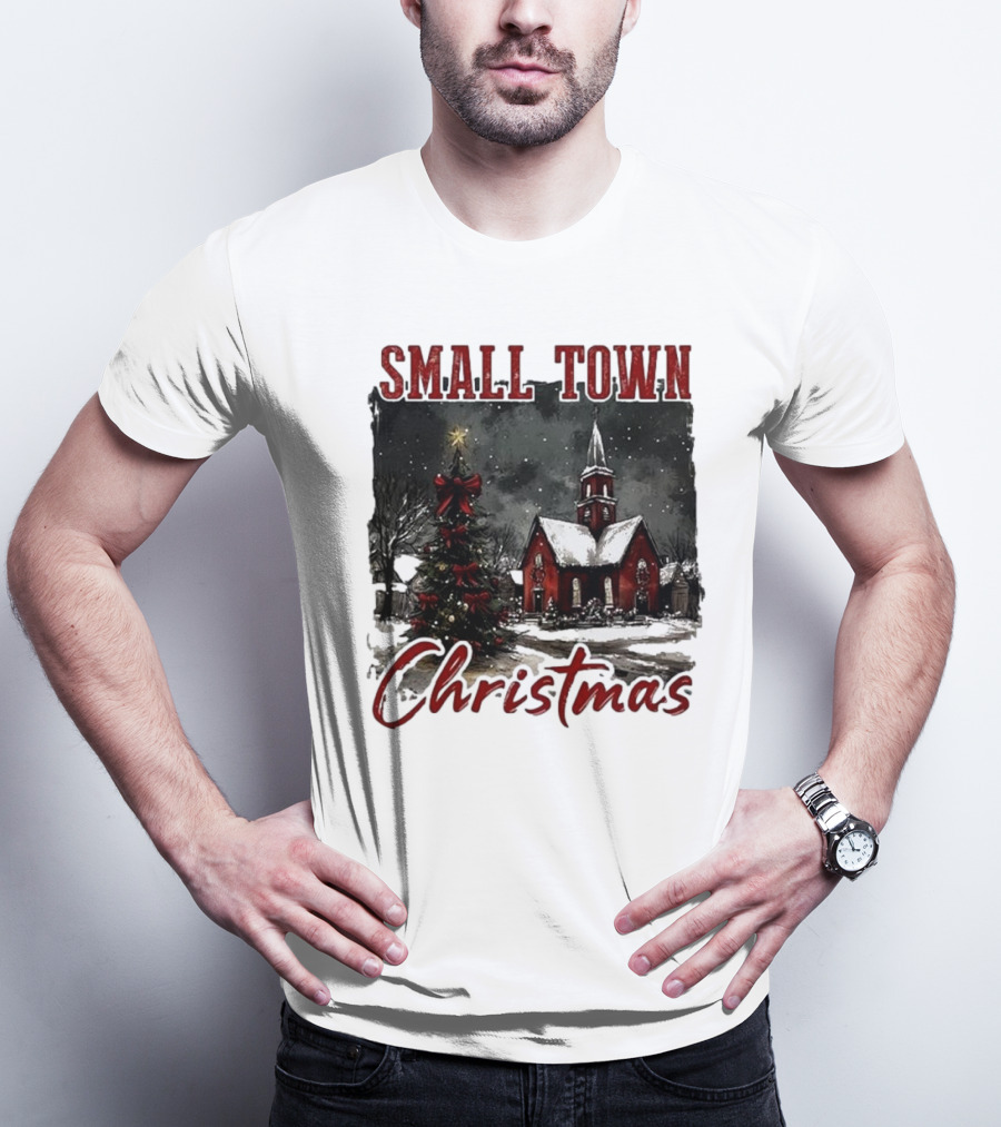 Vintage Retro Small Town Christmas Church Scene T-Shirt