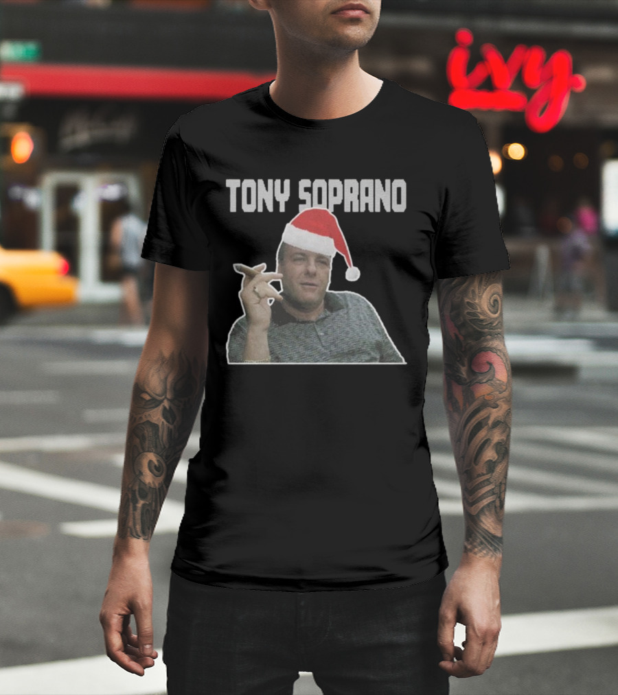 Tony Soprano Merry Fuhgeddaboudit Christmas Santa Hat T-Shirt