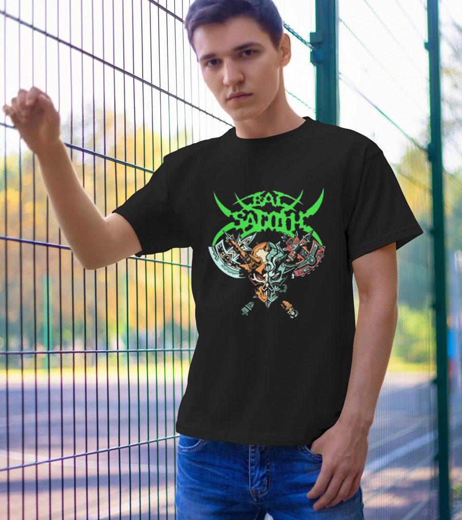 Bal-Sagoth Sigil Dual Skull With Swords And Axes Green And Red T-Shirt