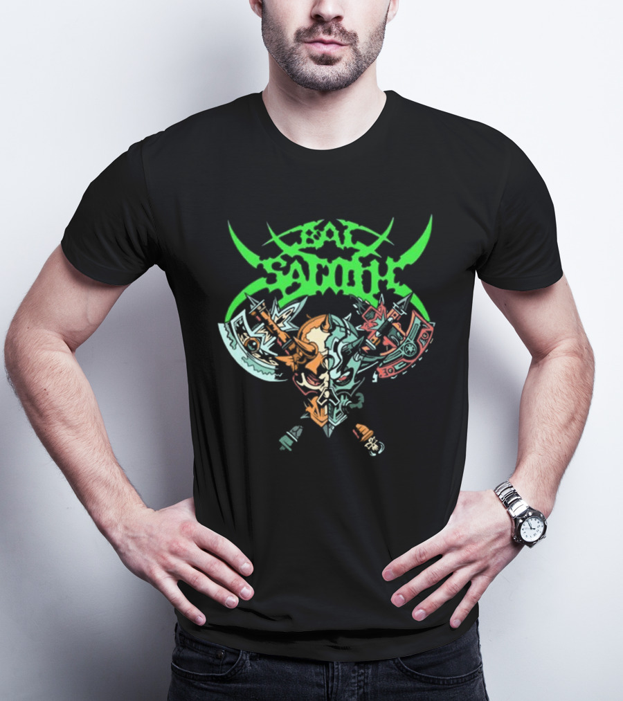Bal-Sagoth Sigil Dual Skull With Swords And Axes Green And Red T-Shirt