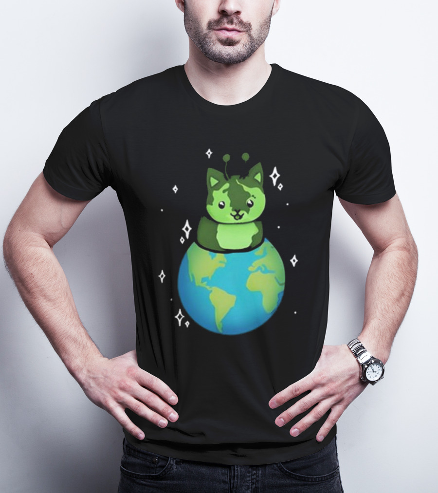 Cult Of Biscuit Alien Biscuit Cat Globe Stars T-Shirt