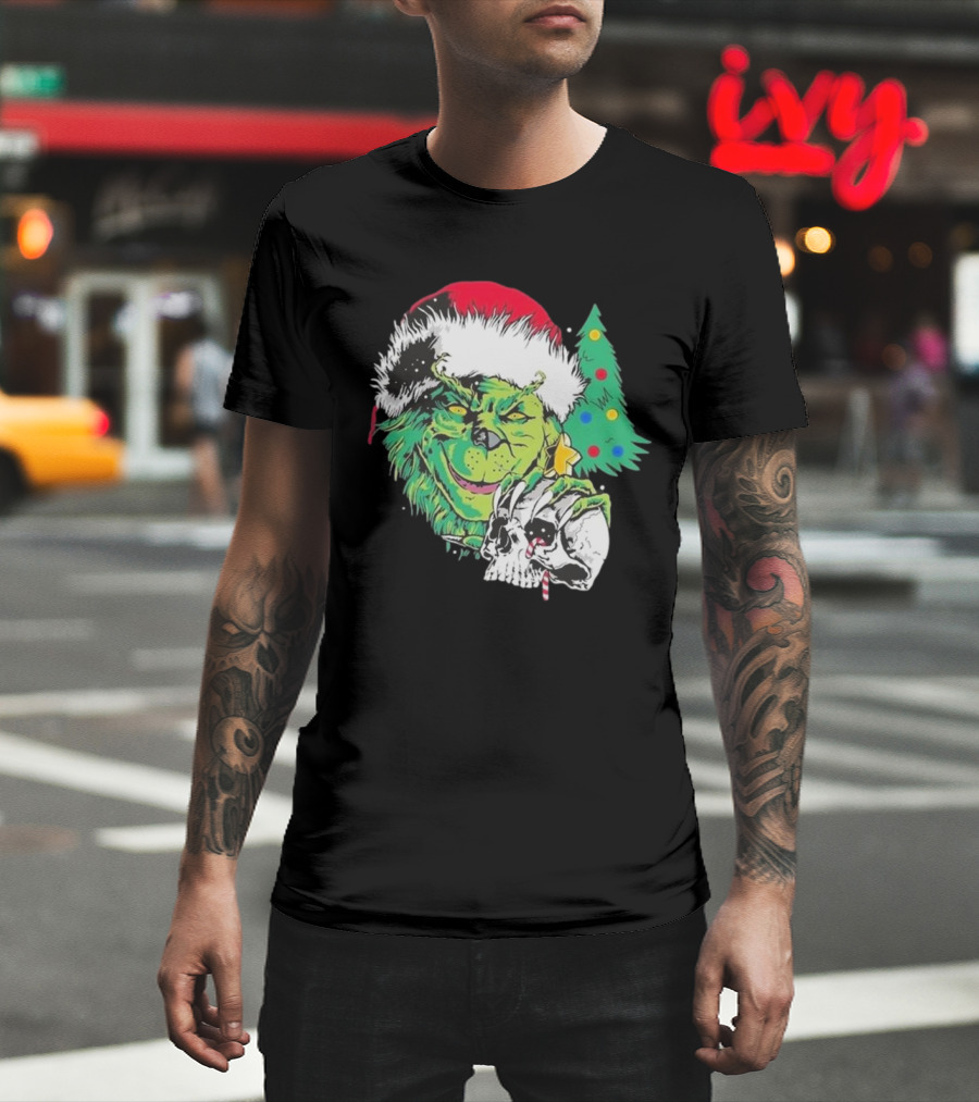 Grinch Santa Hat Skull Christmas Tree Scene T-Shirt