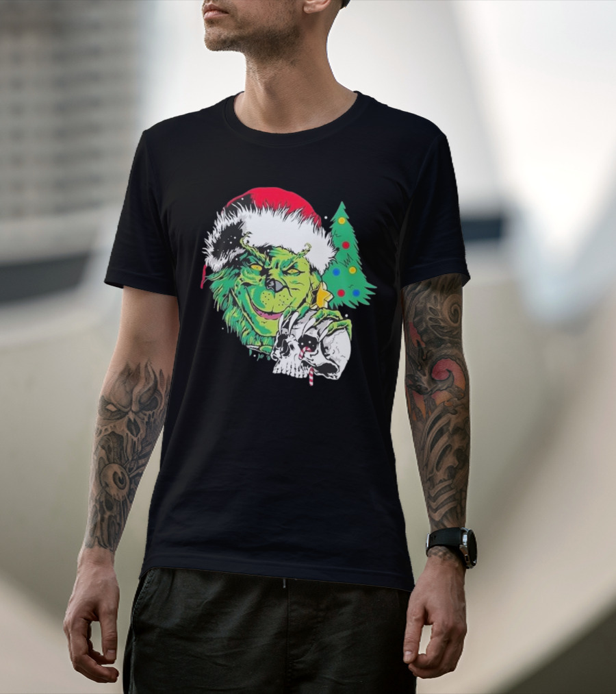 Grinch Santa Hat Skull Christmas Tree Scene T-Shirt