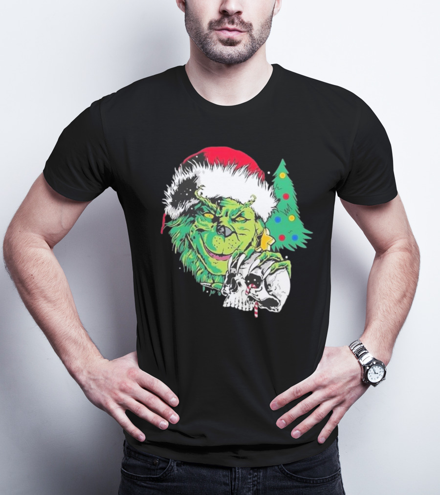 Grinch Santa Hat Skull Christmas Tree Scene T-Shirt