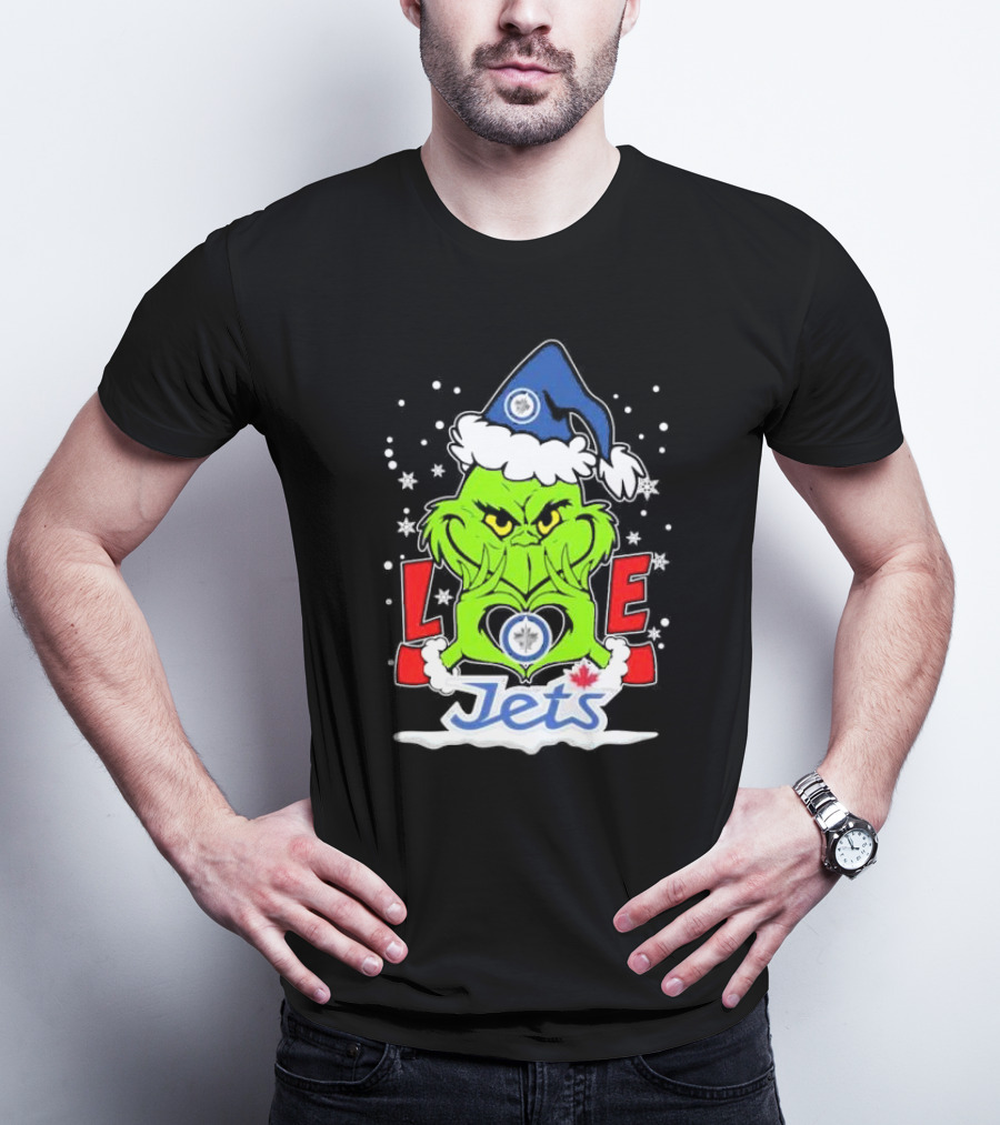 Grinch Heart Hands Love Winnipeg Jets Christmas Santa Hat Snowflakes T-Shirt