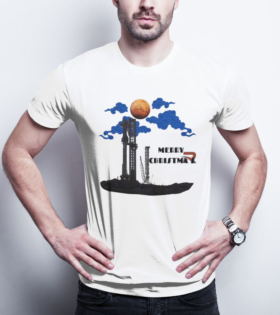 Merry Christmas Mars Rocket Mars Planet Blue Clouds T-Shirt