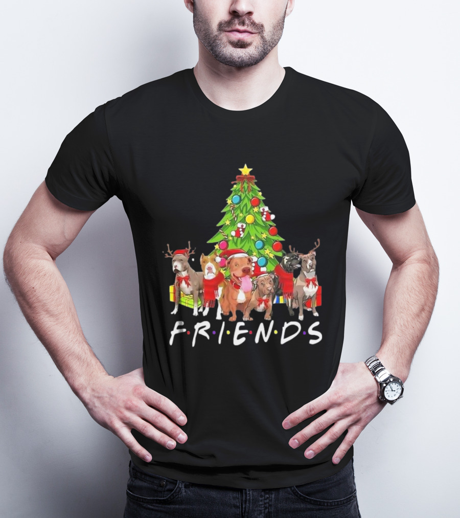 FRIENDS Christmas Tree With Pitbulls In Festive Scarf And Antlers T-Shirt