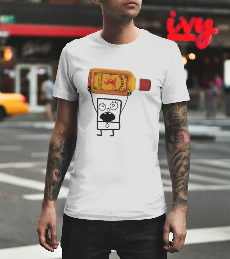 Doodlebob Fireball Whiskey Character Holding Iconic Liquor Bottle T-Shirt