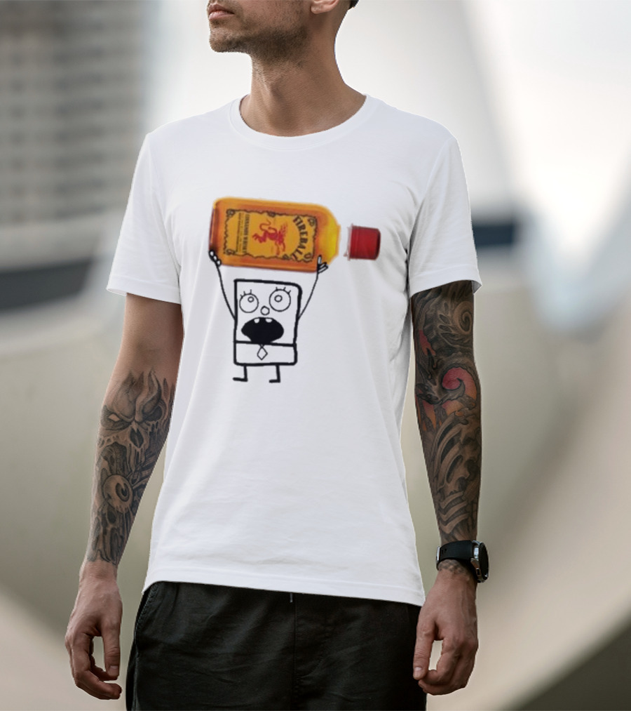 Doodlebob Fireball Whiskey Character Holding Iconic Liquor Bottle T-Shirt