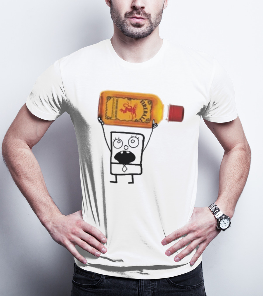 Doodlebob Fireball Whiskey Character Holding Iconic Liquor Bottle T-Shirt