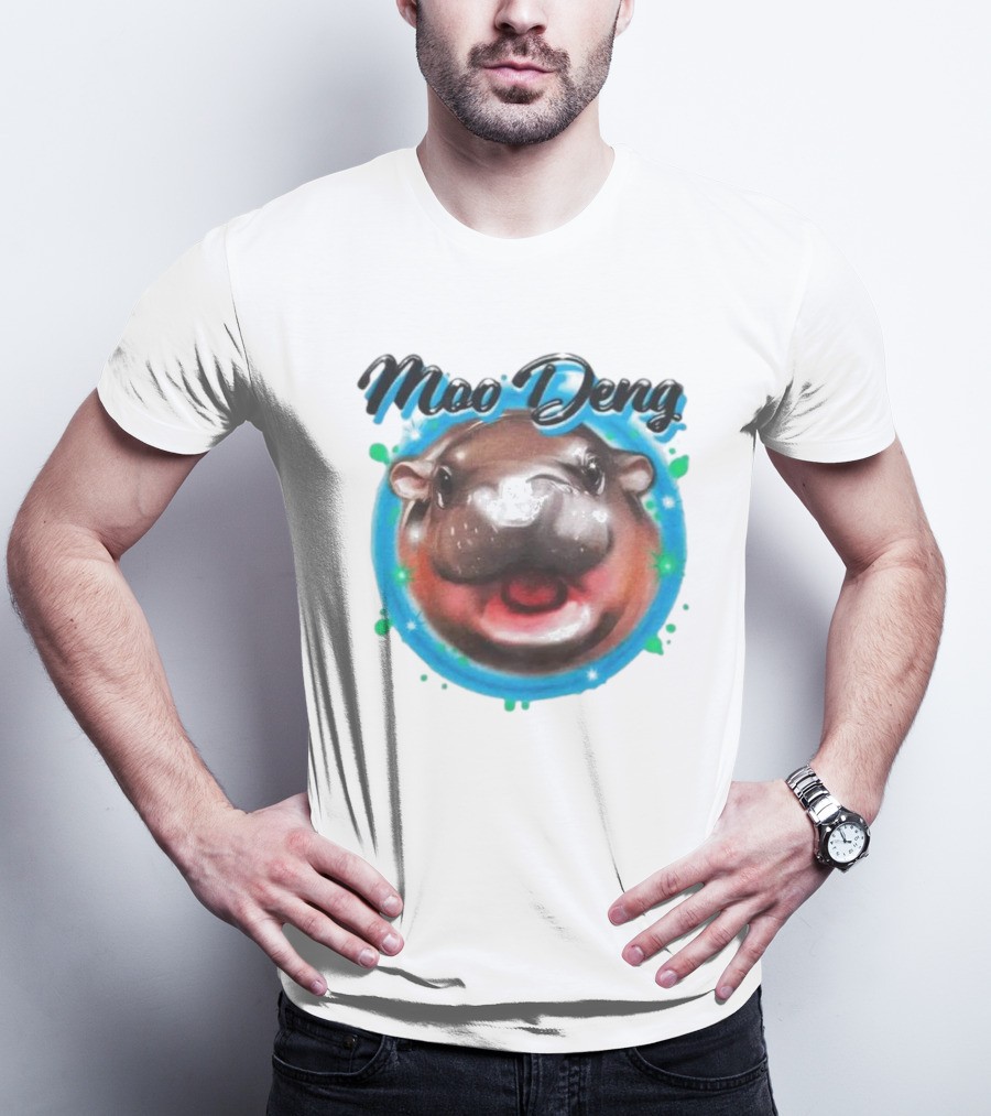 Moo Deng Cute Hippo Face With Blue Background T-Shirt