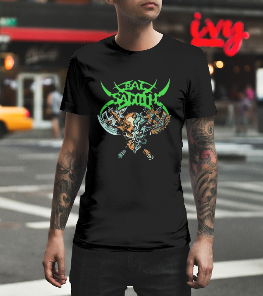 Beyond Human Bal-Sagoth Sigil Skull And Crossed Axes With Tribal Green And Orange Elements T-Shirt
