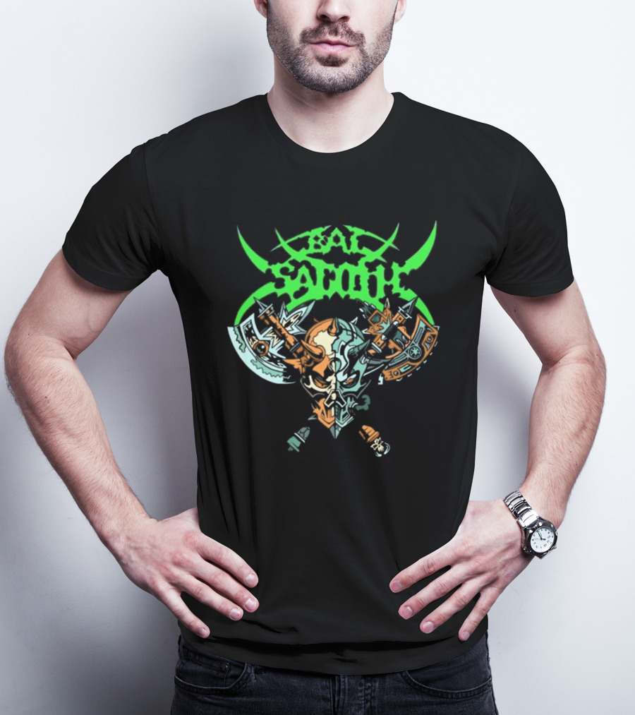 Beyond Human Bal-Sagoth Sigil Skull And Crossed Axes With Tribal Green And Orange Elements T-Shirt
