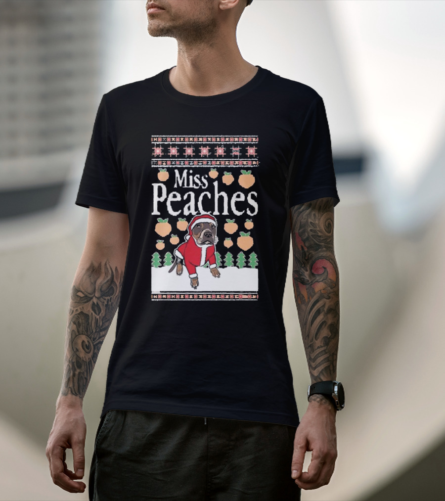Miss Peaches Christmas Dog With Peaches And Christmas Trees T-Shirt