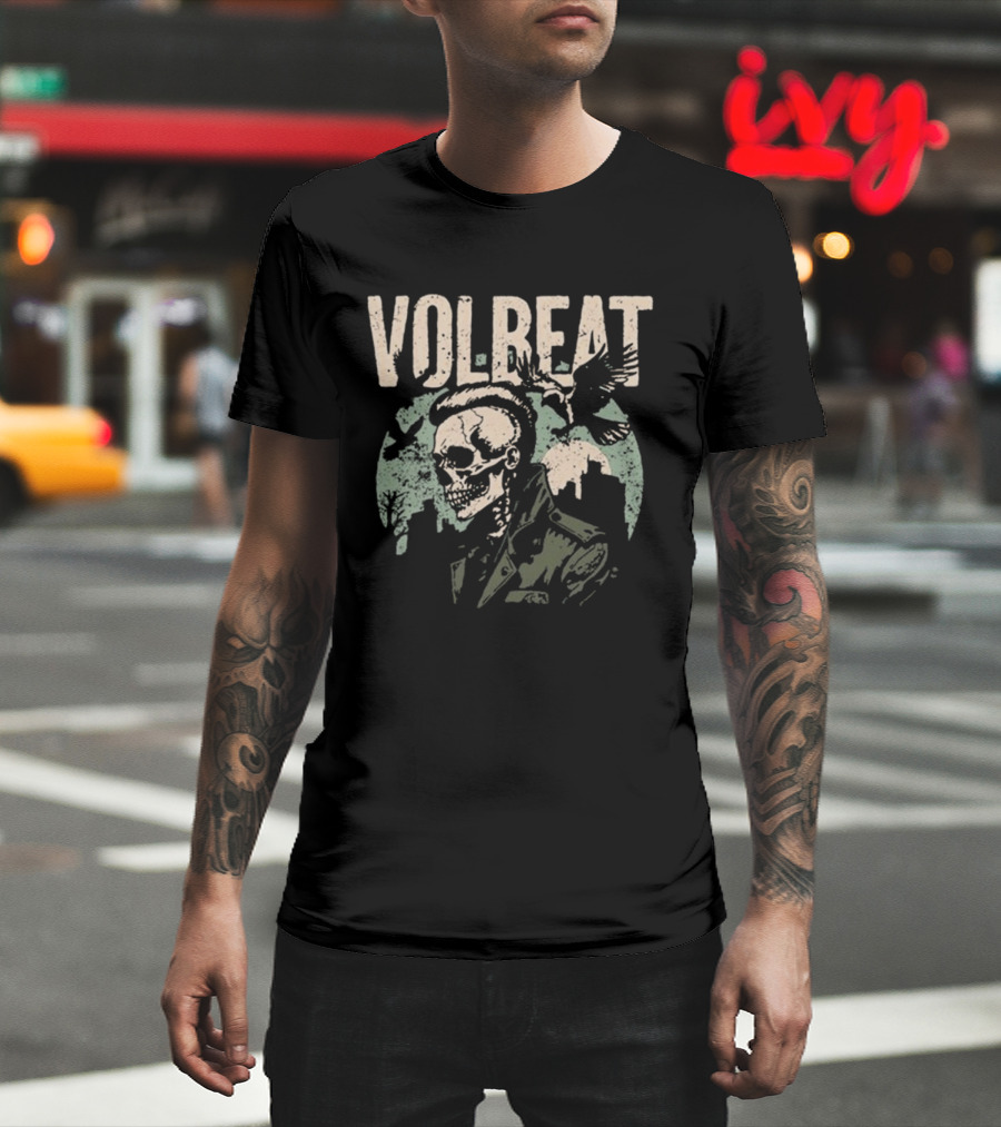 Volbeat Skull Artwork With Flying Bird Scene T-Shirt