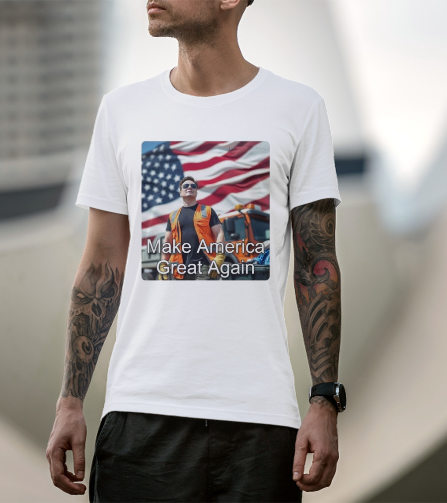 Make America Great Again Elon Musk In Orange Vest With American Flag Background T-Shirt